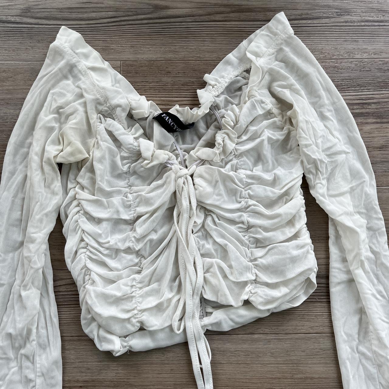 White mesh long sleeve milkmaid style top with tie... - Depop