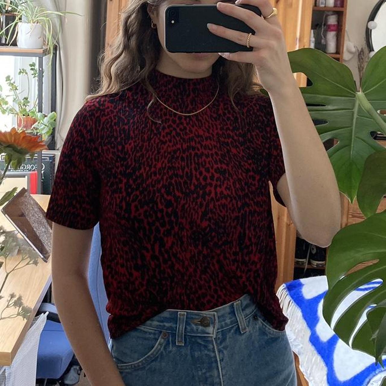 Zara Red Leopard Print High Neck T-Shirt #Zara... - Depop