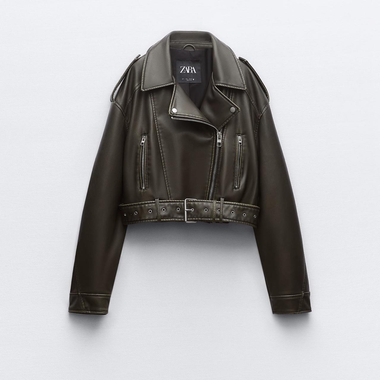 Zara Molly Mae Leather Jacket in Khaki Size Medium... - Depop