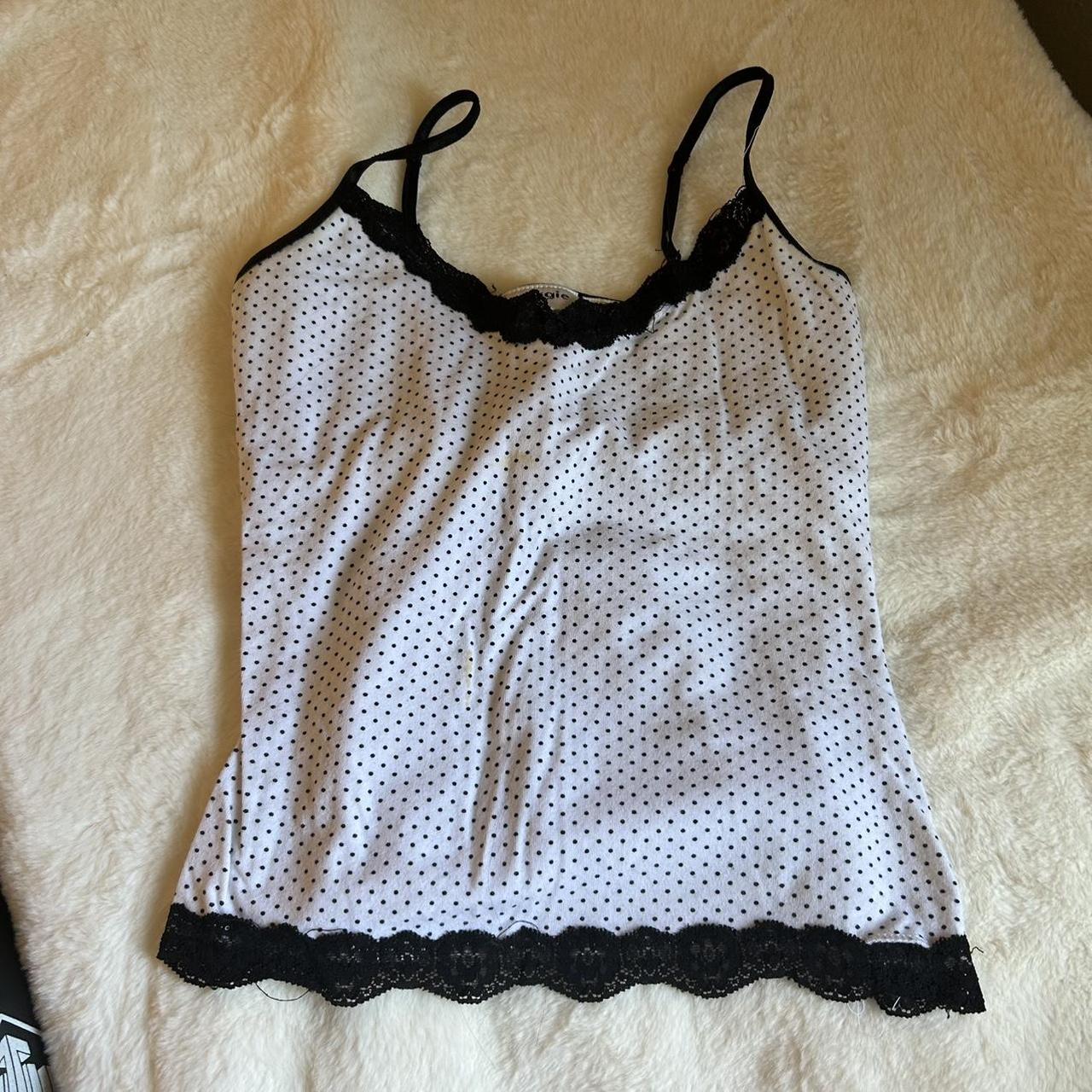 vintage white polka dot tank with black lace detail.... - Depop