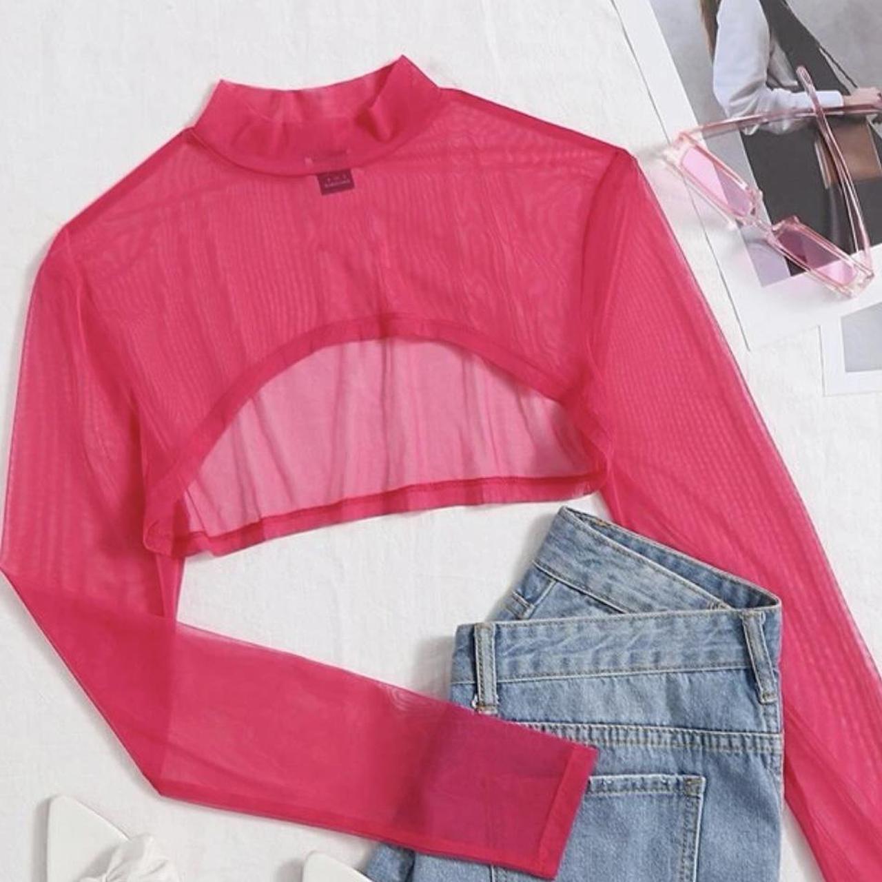 neon pink mesh sleeves cut out crop top brand new... - Depop