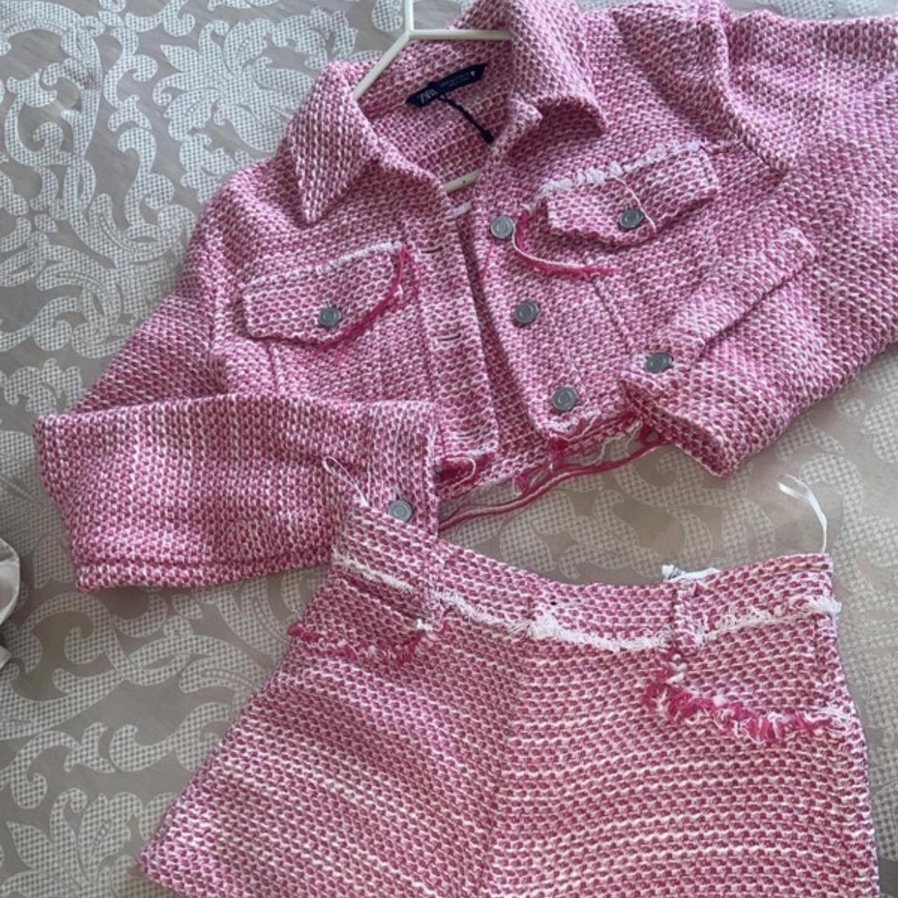 zara pink tweed blazer and shorts co ord set size... - Depop