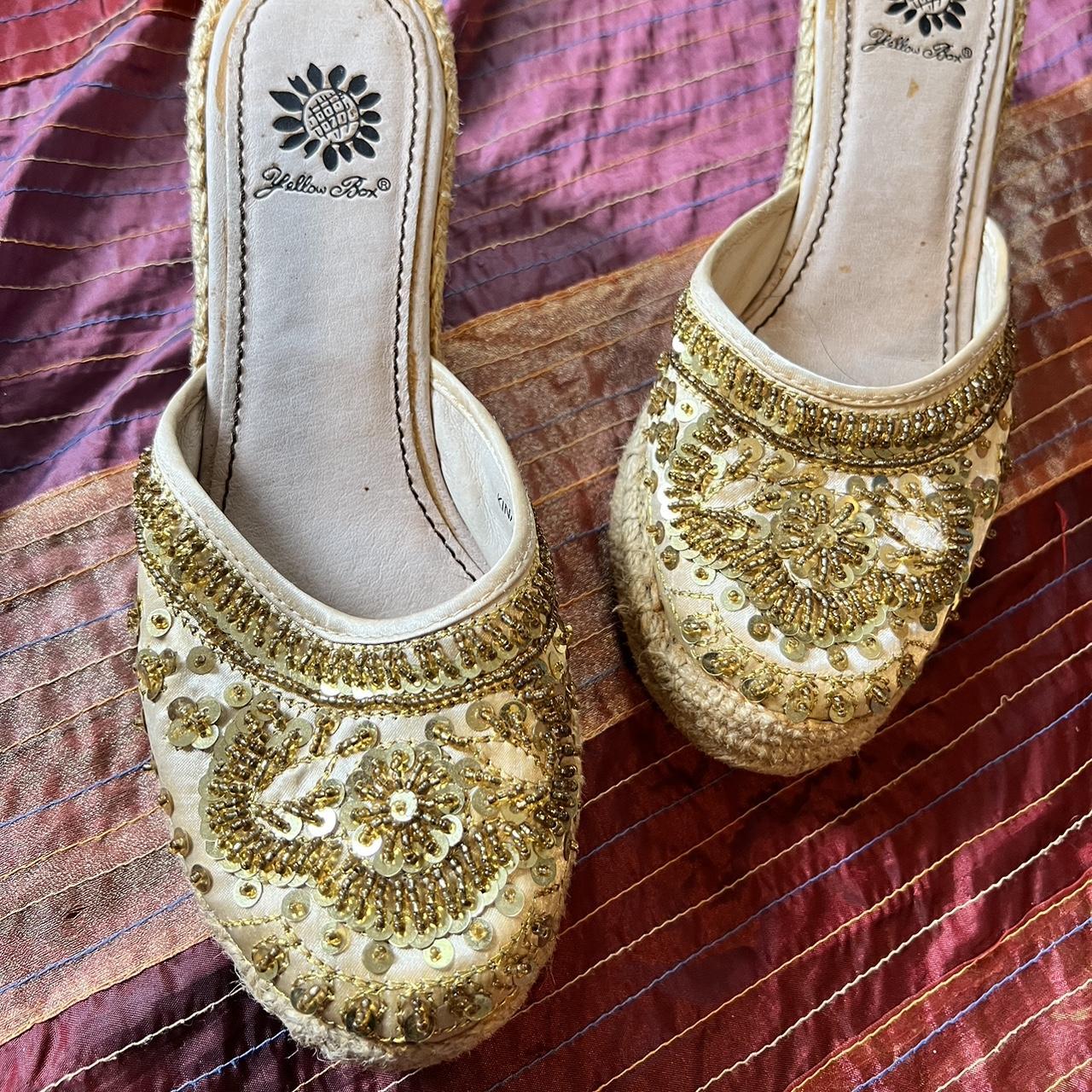 Yellow Box Women's Cream and Gold Slides | Depop