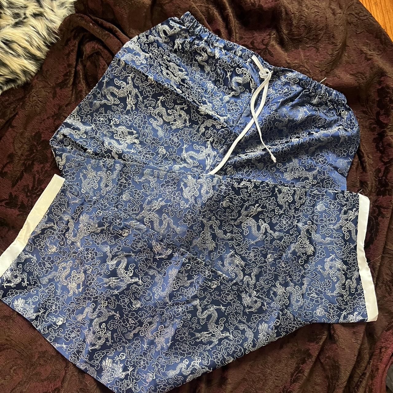 Kenji Blue Satin Dragon PJ Pants; white drawstring,... - Depop