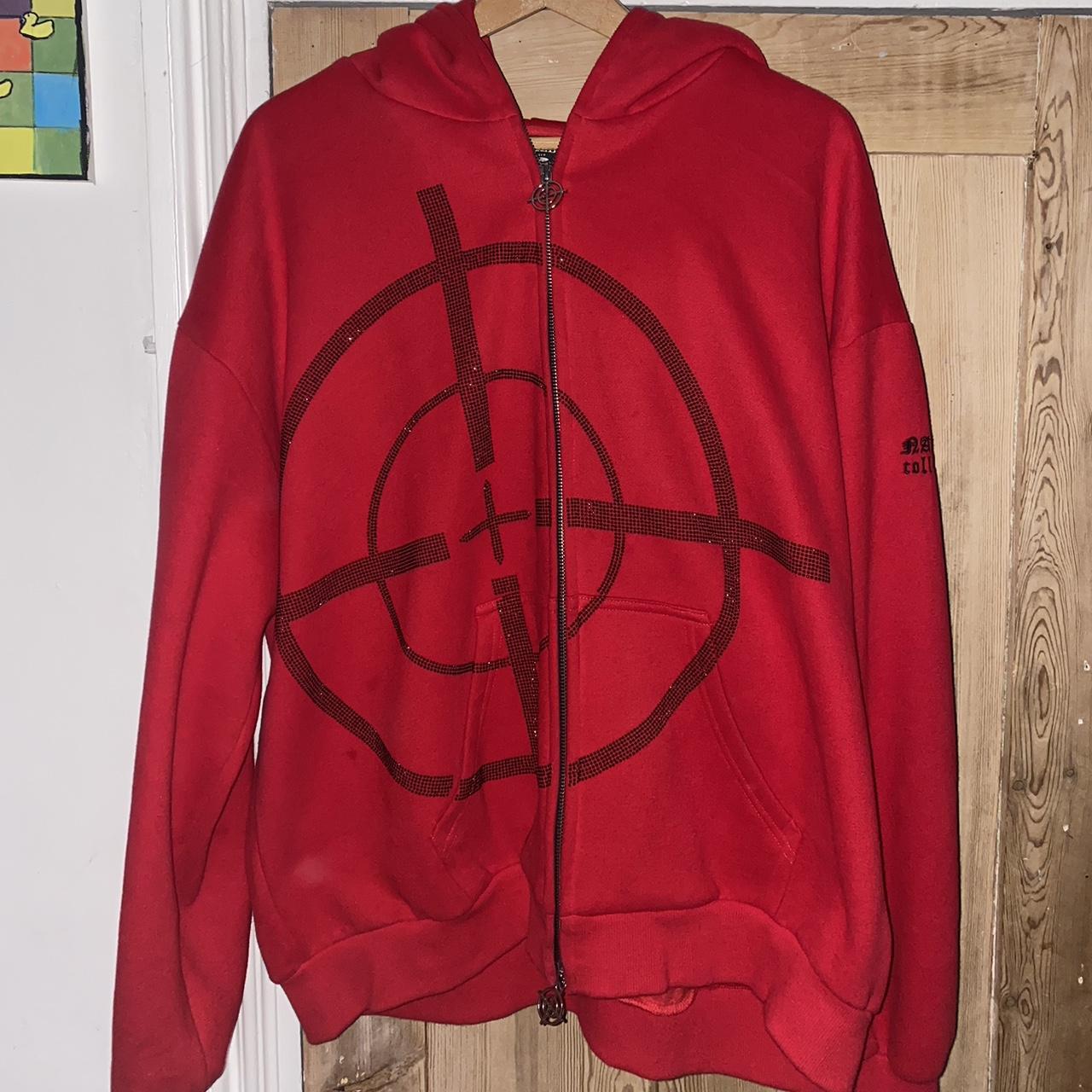 named collective red cross hair hoodie rhinestone... - Depop