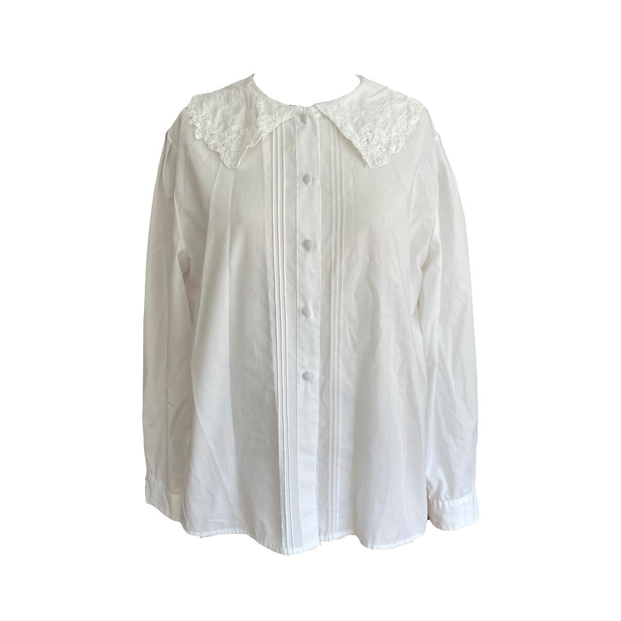 Vintage white button-up blouse with a lace appliqué... - Depop