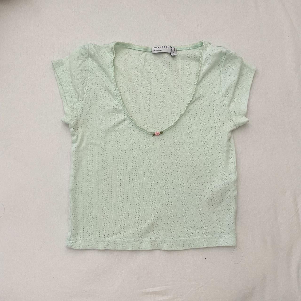 mint blue pointelle heart with rosette detail with... | Depop