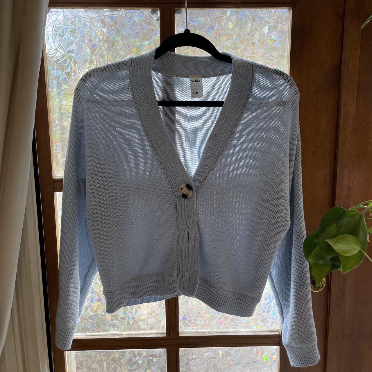 Baby blue cardigan with tortoiseshell buttons size 6/8 - Depop