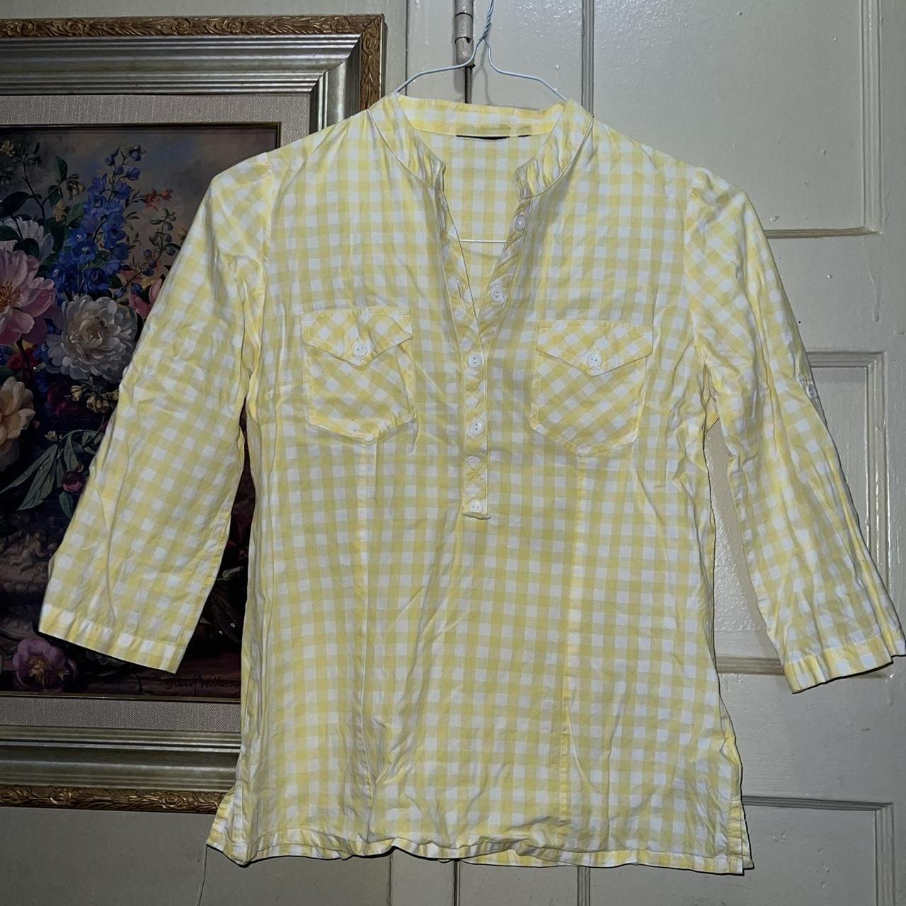 Womens Yellow and White checkered buttoned up shirt.... - Depop