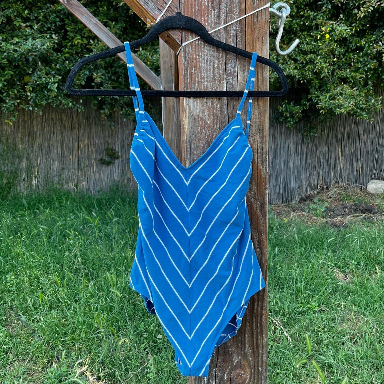 70s Bathing Suit Vintage 70s blue and white striped... - Depop