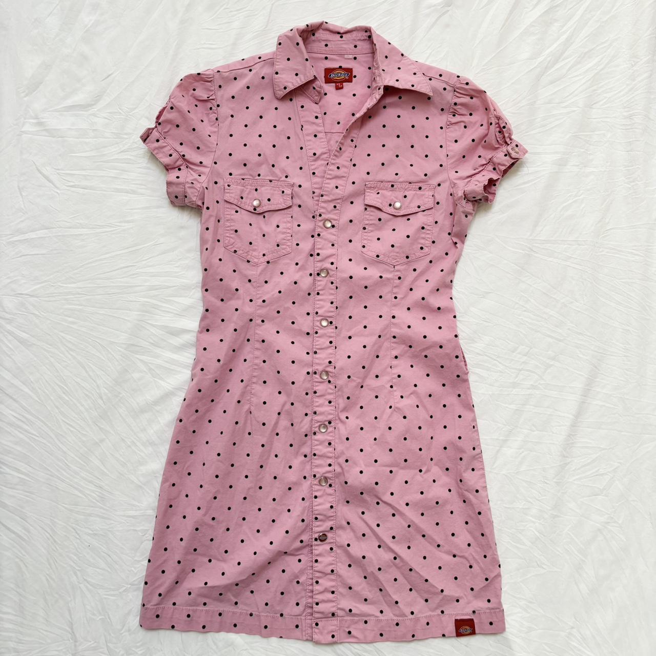 Dickies pink polka dot button down mini dress with... - Depop