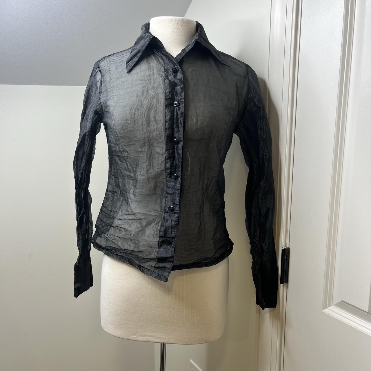 Vintage Sheer Black Button Down Collared Blouse - Depop