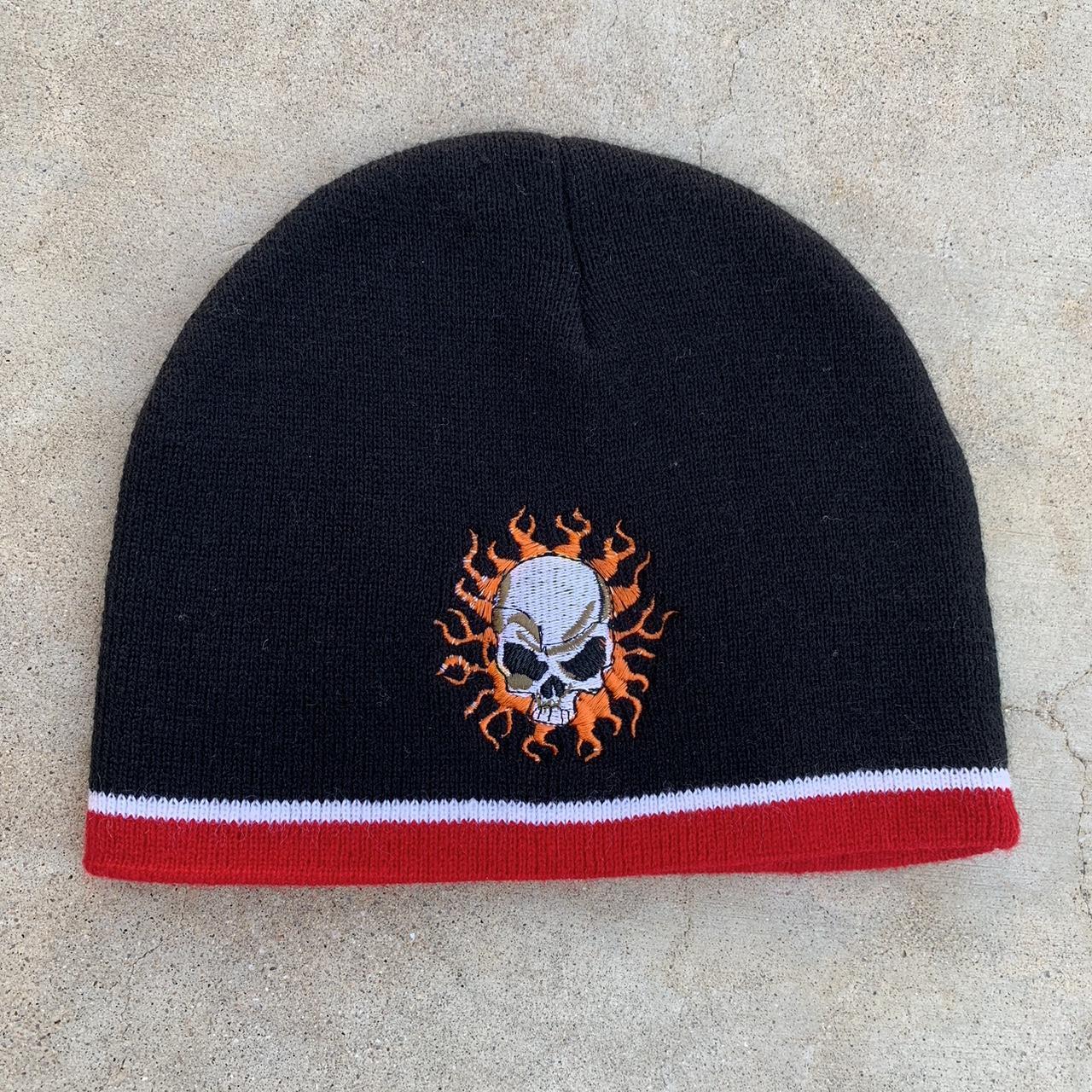 men’s Y2K style black and red skull beanie.... - Depop
