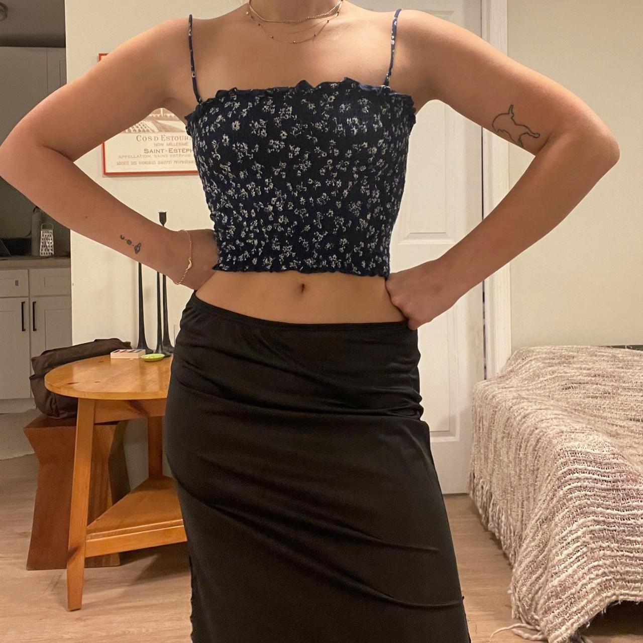 Navy/white ruffled lettuce hem thin strap crop top!... - Depop