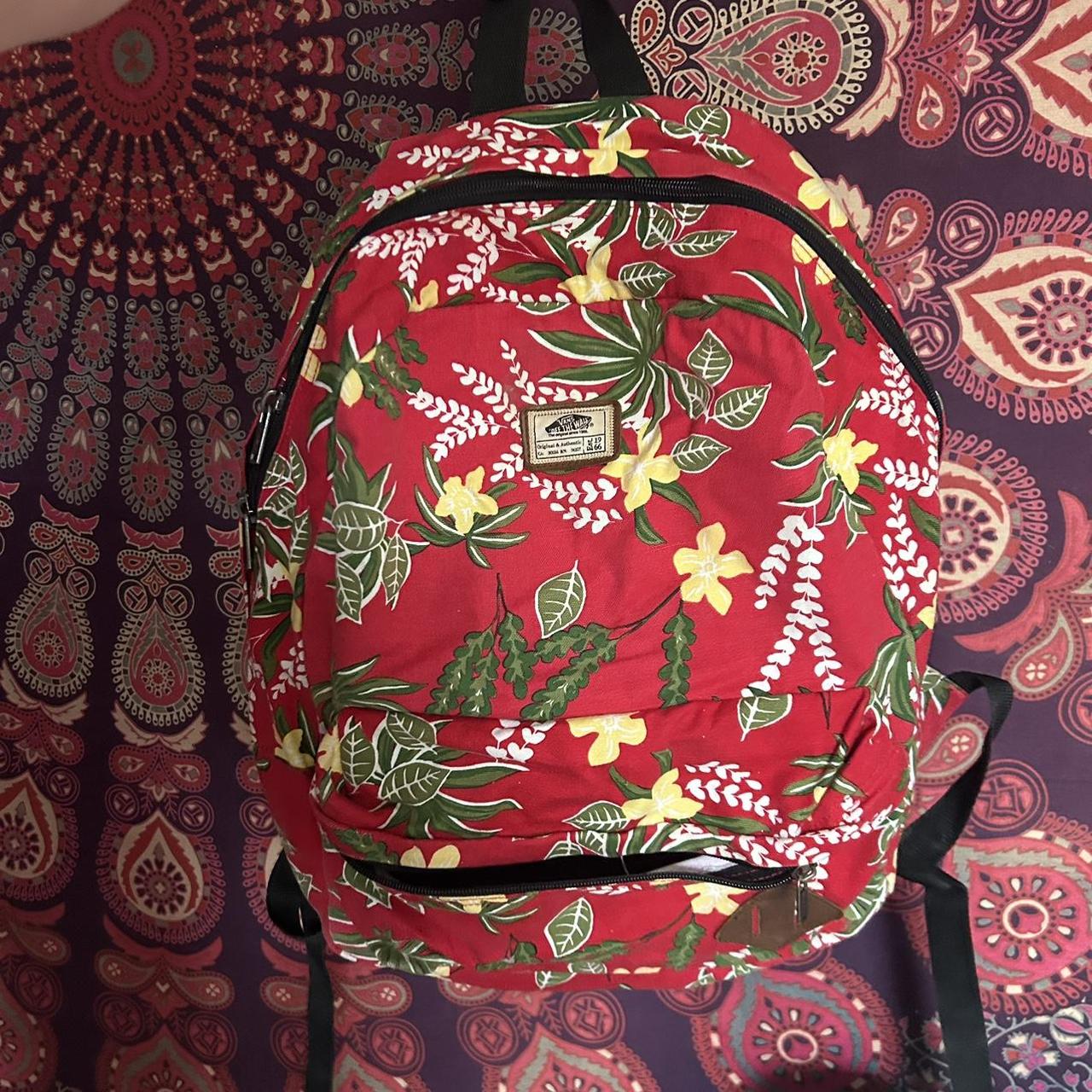vans red floral backpack! pre loved and used for... - Depop