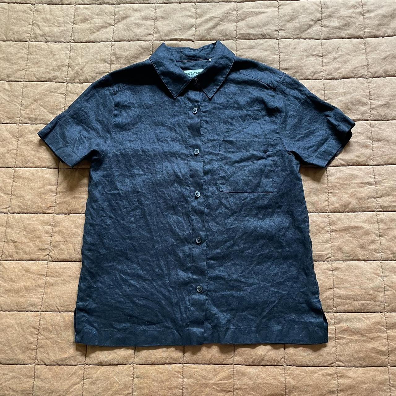 Anne Taylor black linen button up top. Slight sheen,... - Depop