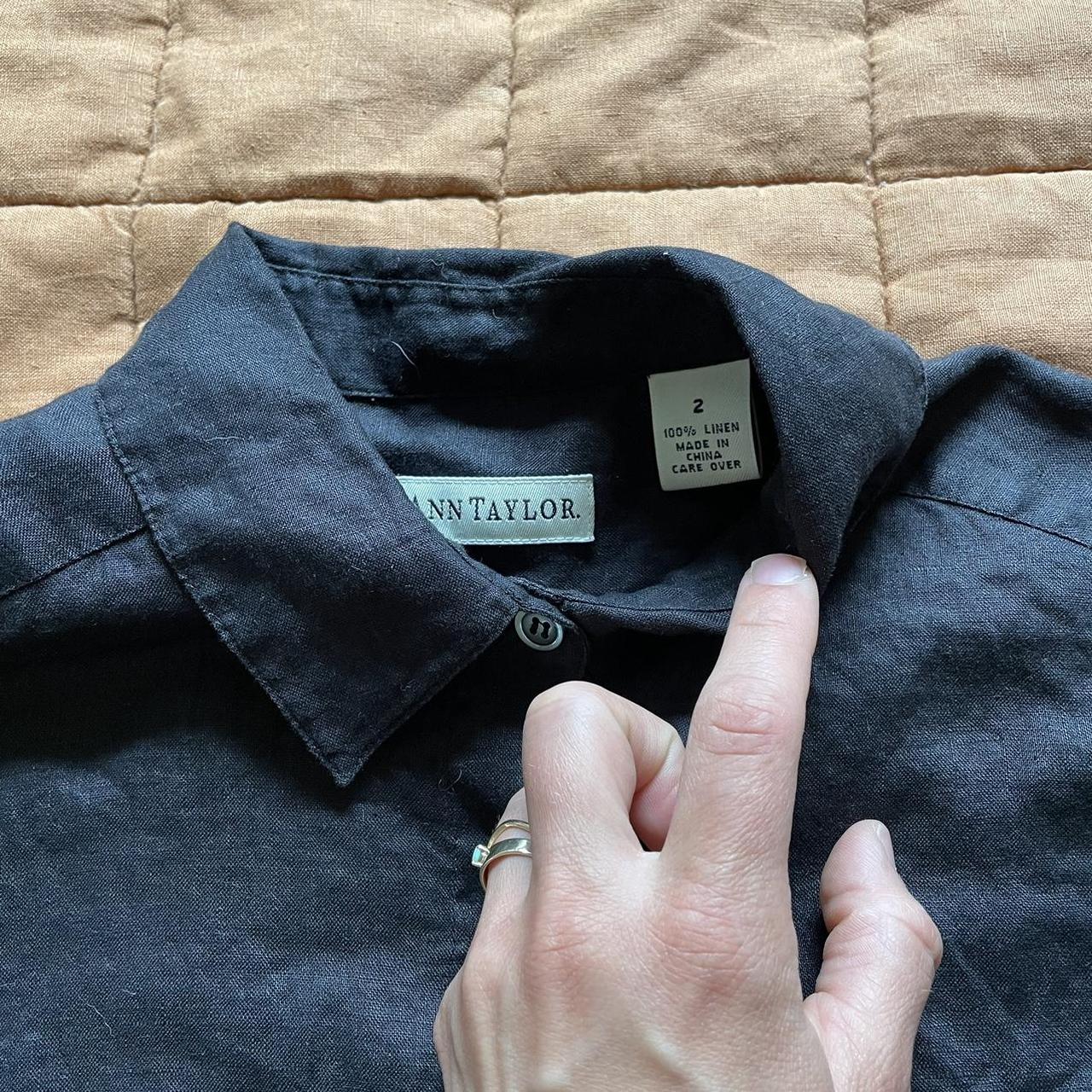 Anne Taylor black linen button up top. Slight sheen,... - Depop
