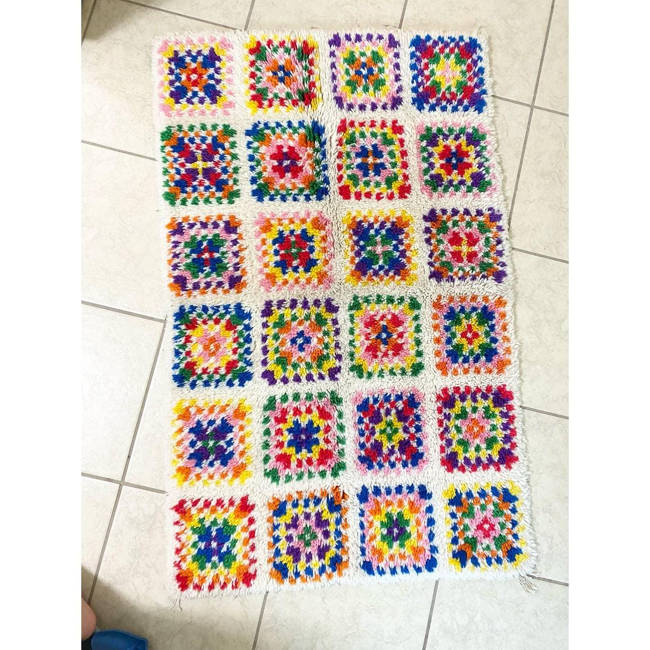 Vintage Colorful Rainbow Granny Square Rug Afghan... - Depop