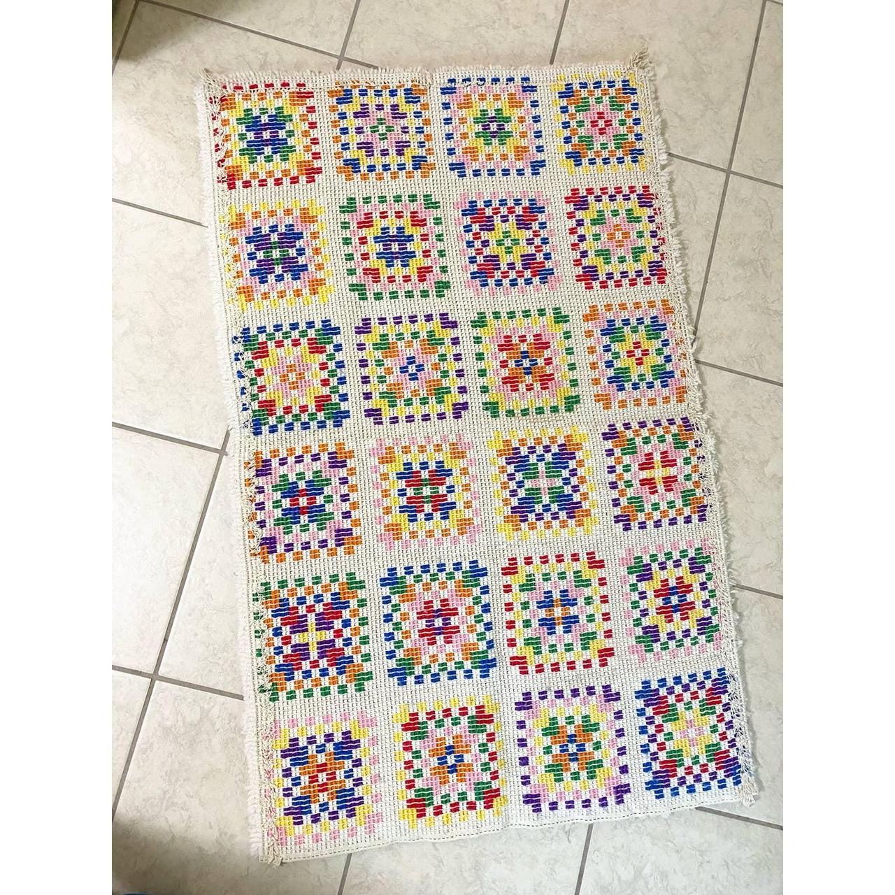 Vintage Colorful Rainbow Granny Square Rug Afghan... - Depop