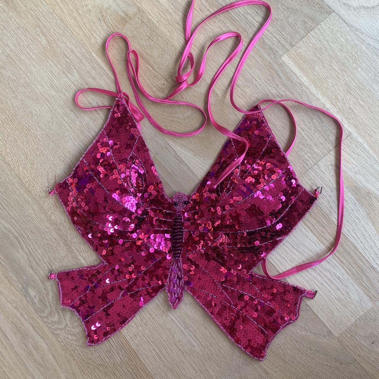 Pink sequin butterfly crop top - Depop
