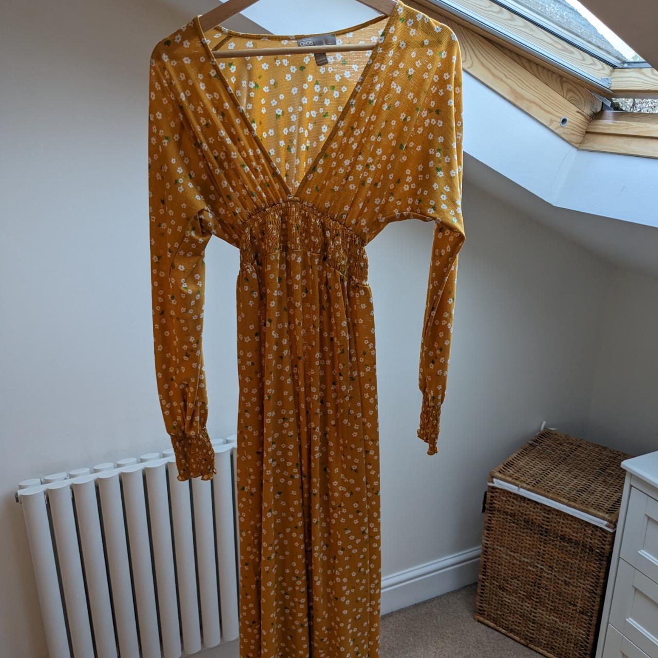 ASOS yellow v neck long sleeve floral midi dress... - Depop