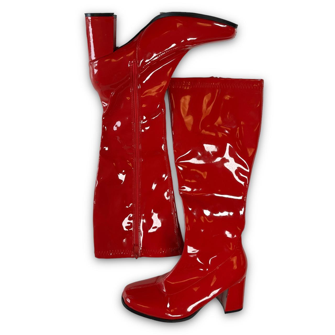 insane red faux leather knee high boots. go go boots... - Depop
