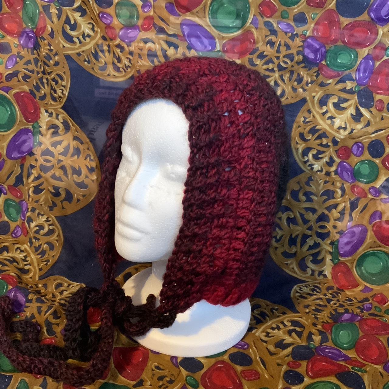 Handmade Crochet red and black bonnet... - Depop