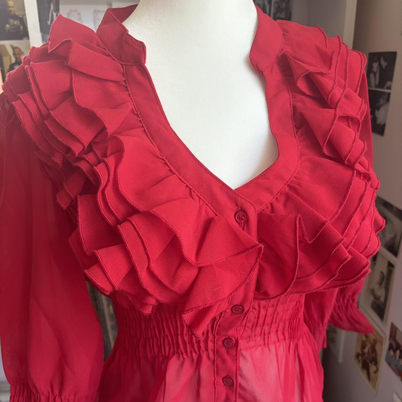 Vintage red ruffle blouse No flaws Says size L but... | Depop