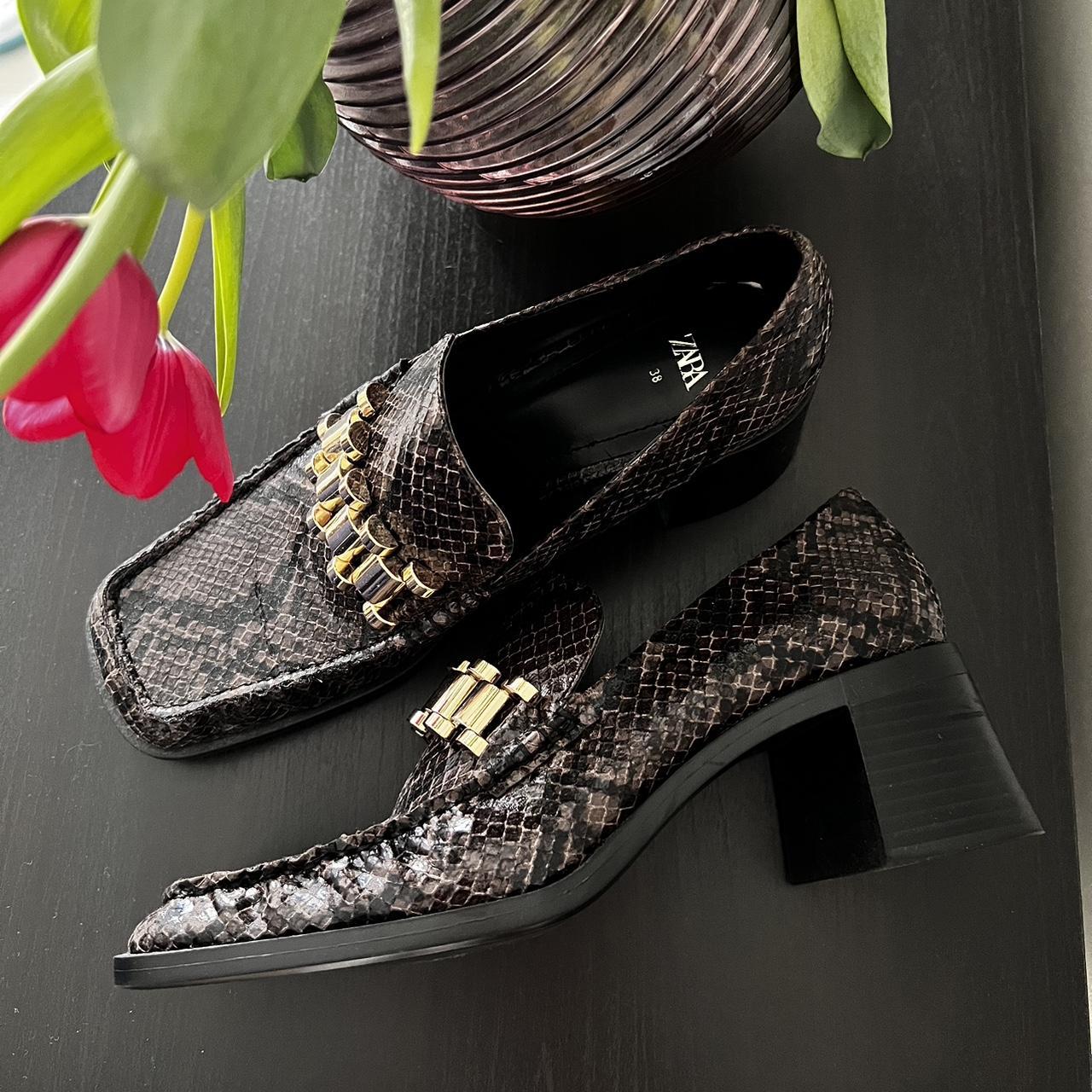 Zara square toe brown snake loafers in heel with... - Depop