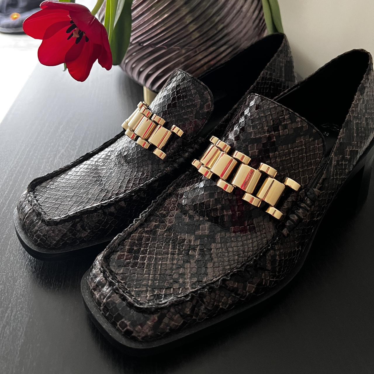 Zara square toe brown snake loafers in heel with... - Depop