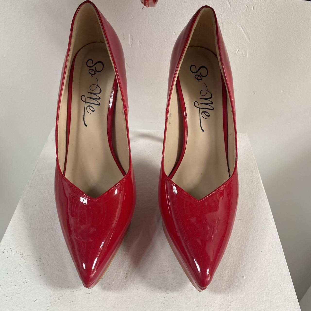 Red Pointed toe V cut platform PVC shiny pumps.... - Depop