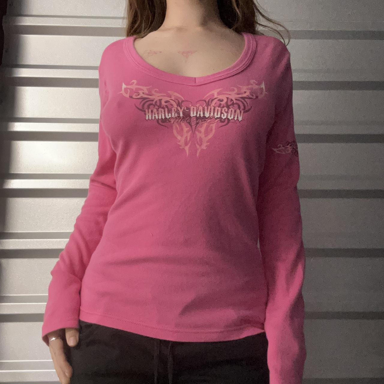 Y2K pink cyber Harley Davidson long sleeve - size... - Depop