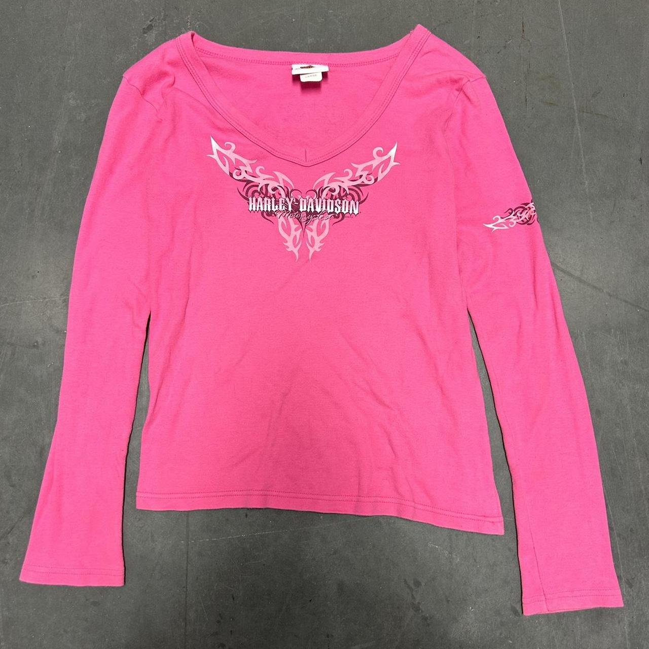 Y2K pink cyber Harley Davidson long sleeve - size... - Depop