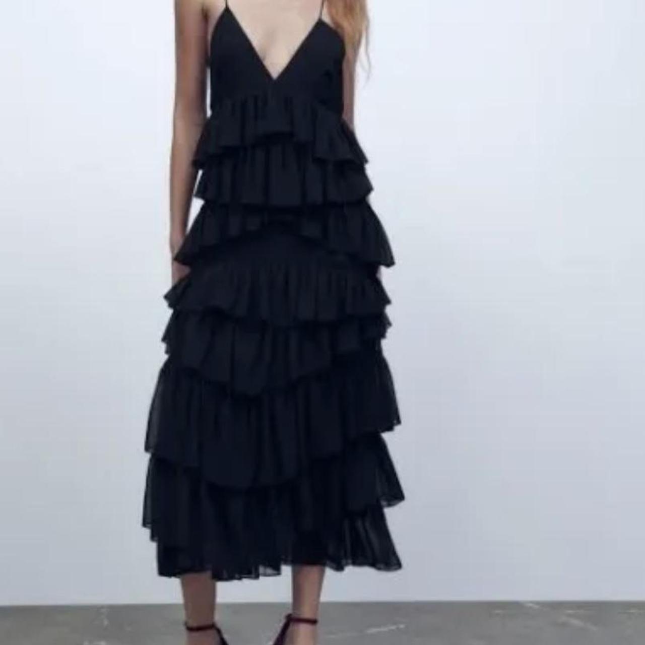 Zara black ruffle tiered dress New without tags Size... - Depop