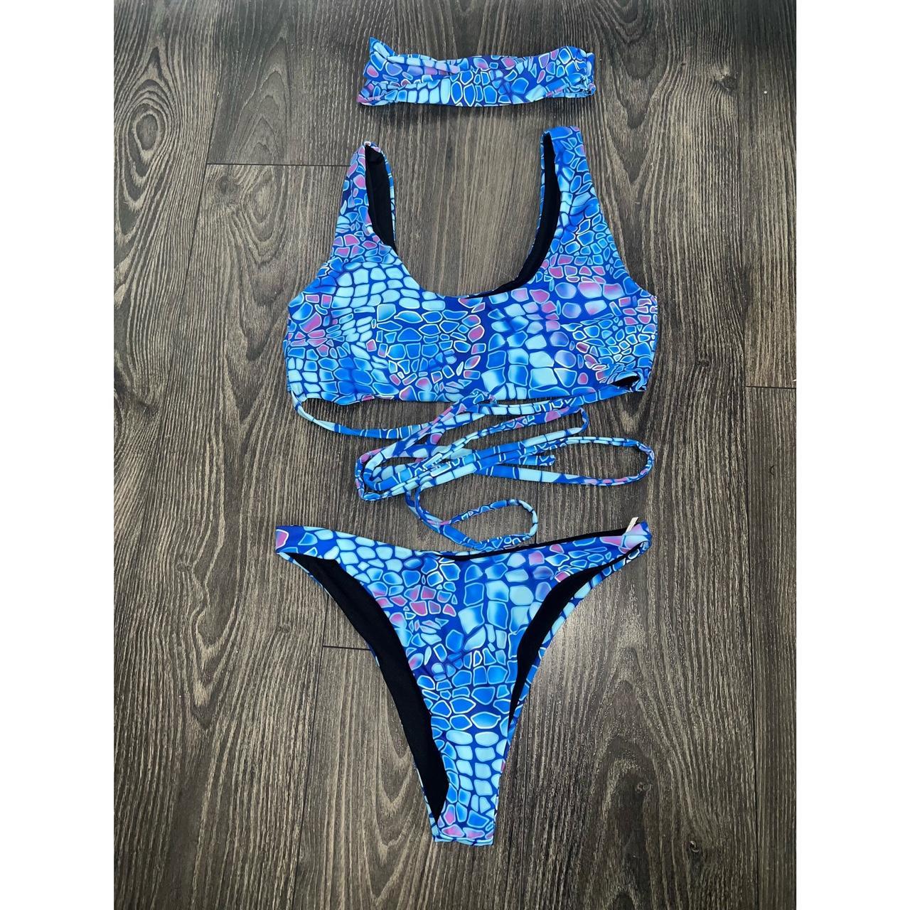 3 piece blue bikini set Size: L, fits a size... - Depop