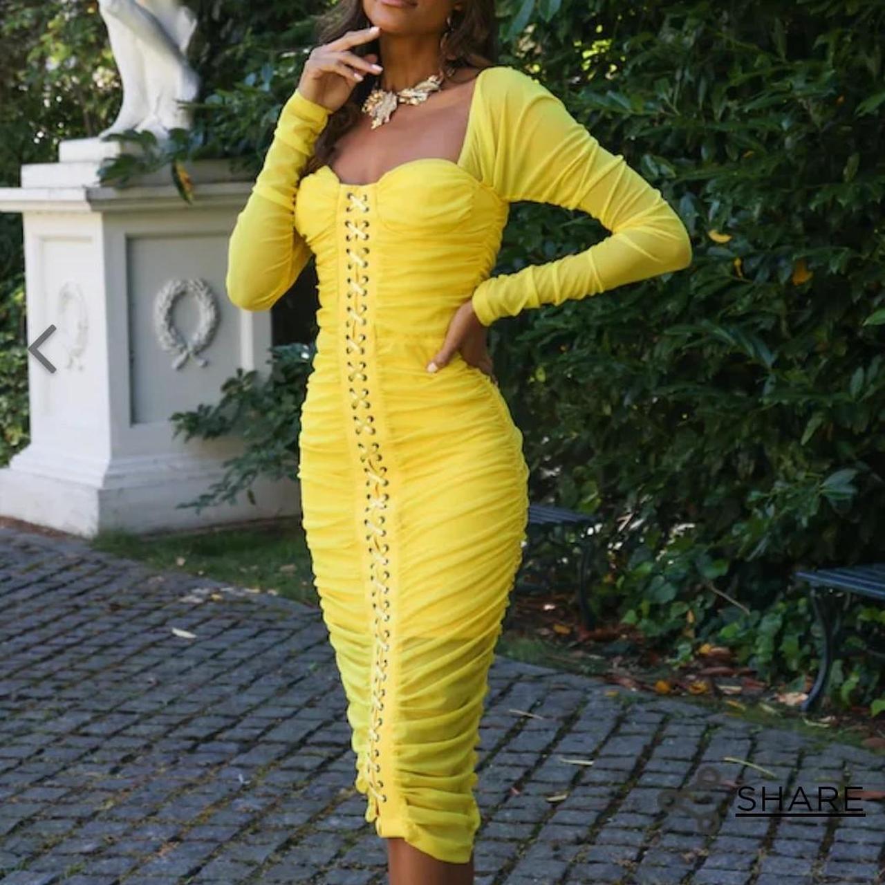 Brand new Forever Unique YELLOW MESH RUCHED MIDI... - Depop
