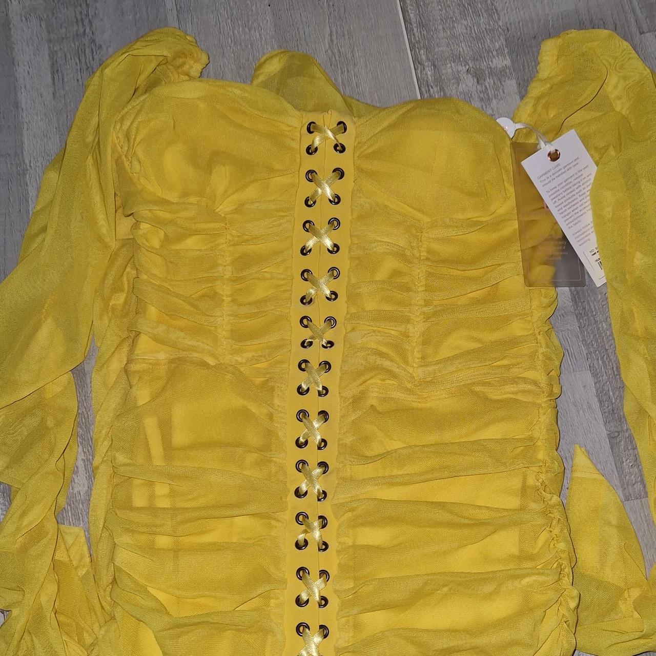 Brand new Forever Unique YELLOW MESH RUCHED MIDI... - Depop