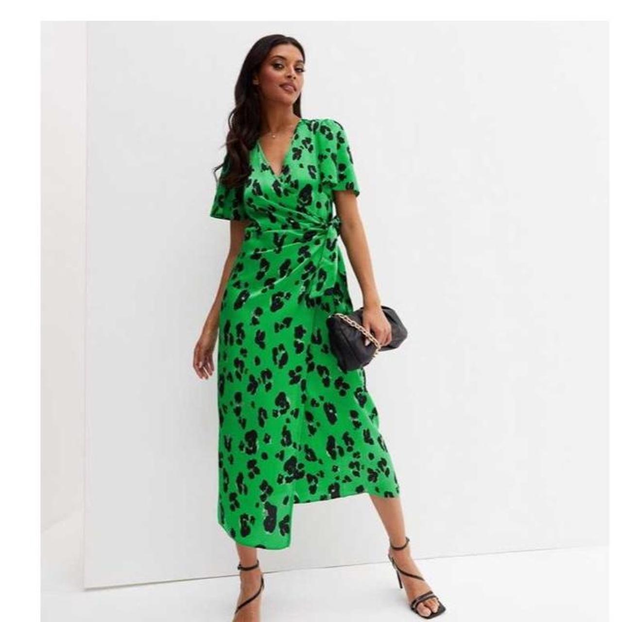 New Look Midi Dress Green And Black Leopard Depop