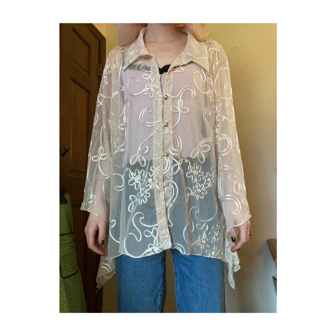 sheer cream embroidered button down whimsical... | Depop
