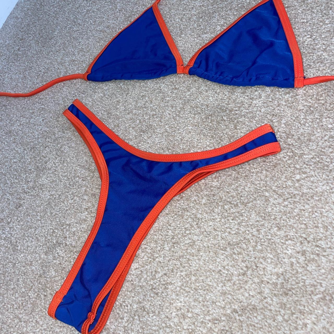 Blue and Neon Orange Trim Thong Bikini Set 🍊 Size... - Depop