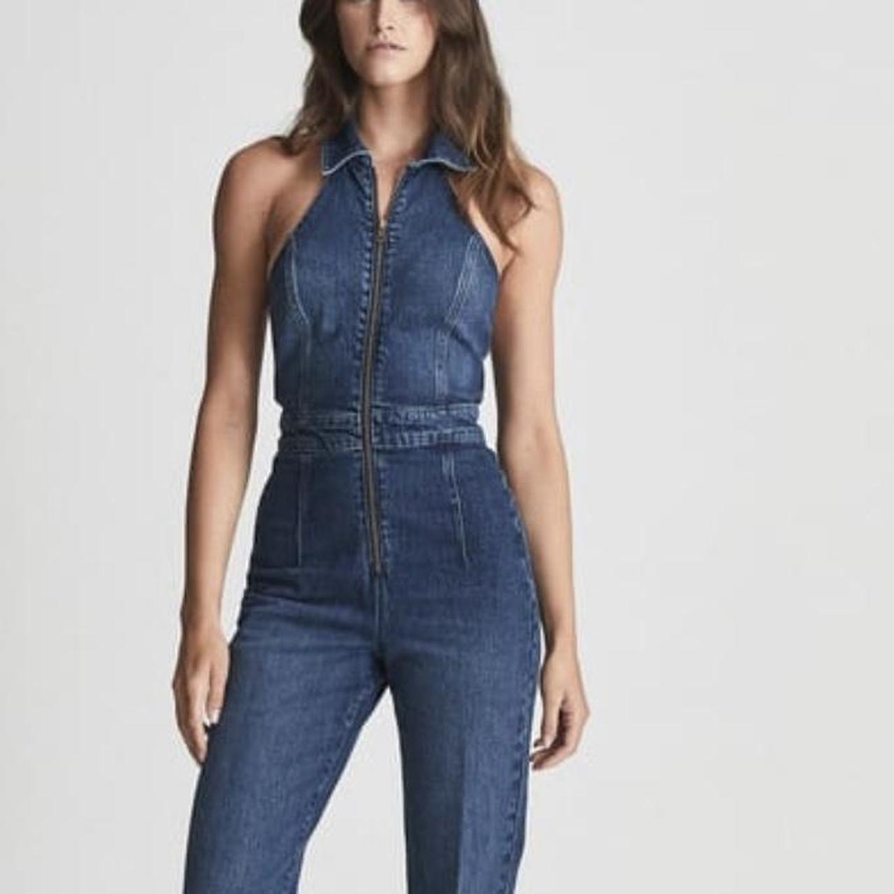 Reiss penny jumpsuit. Dark navy denim with halter... - Depop