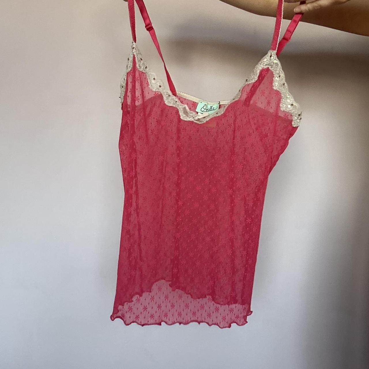 Vintage hot pink sheer lace baby doll cami / vest... - Depop
