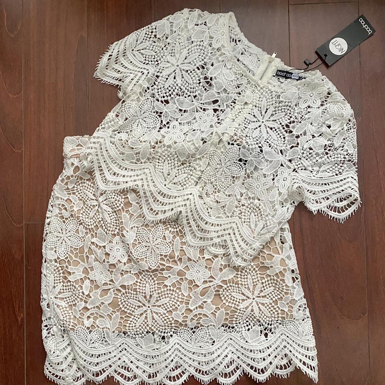 Boohoo skirt and crop top coord! White with nude... - Depop
