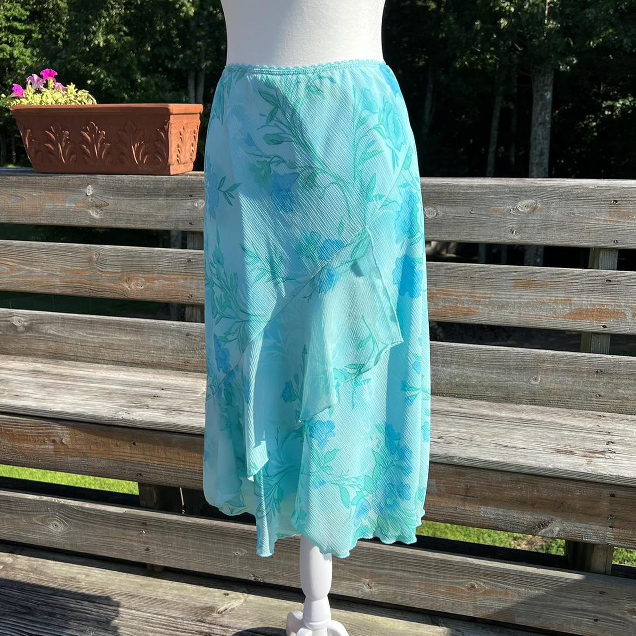 Beautiful light blue floral ruffle midi skirt Size... - Depop