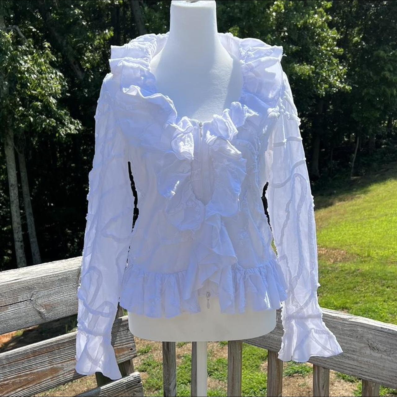 Y2K white ruffle long sleeve zip up top Size 10,... - Depop