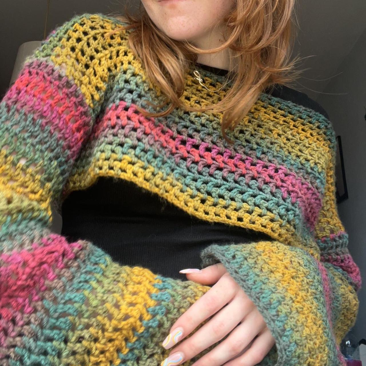 Rainbow Handmade Crochet Cropped Jumper Made by... - Depop