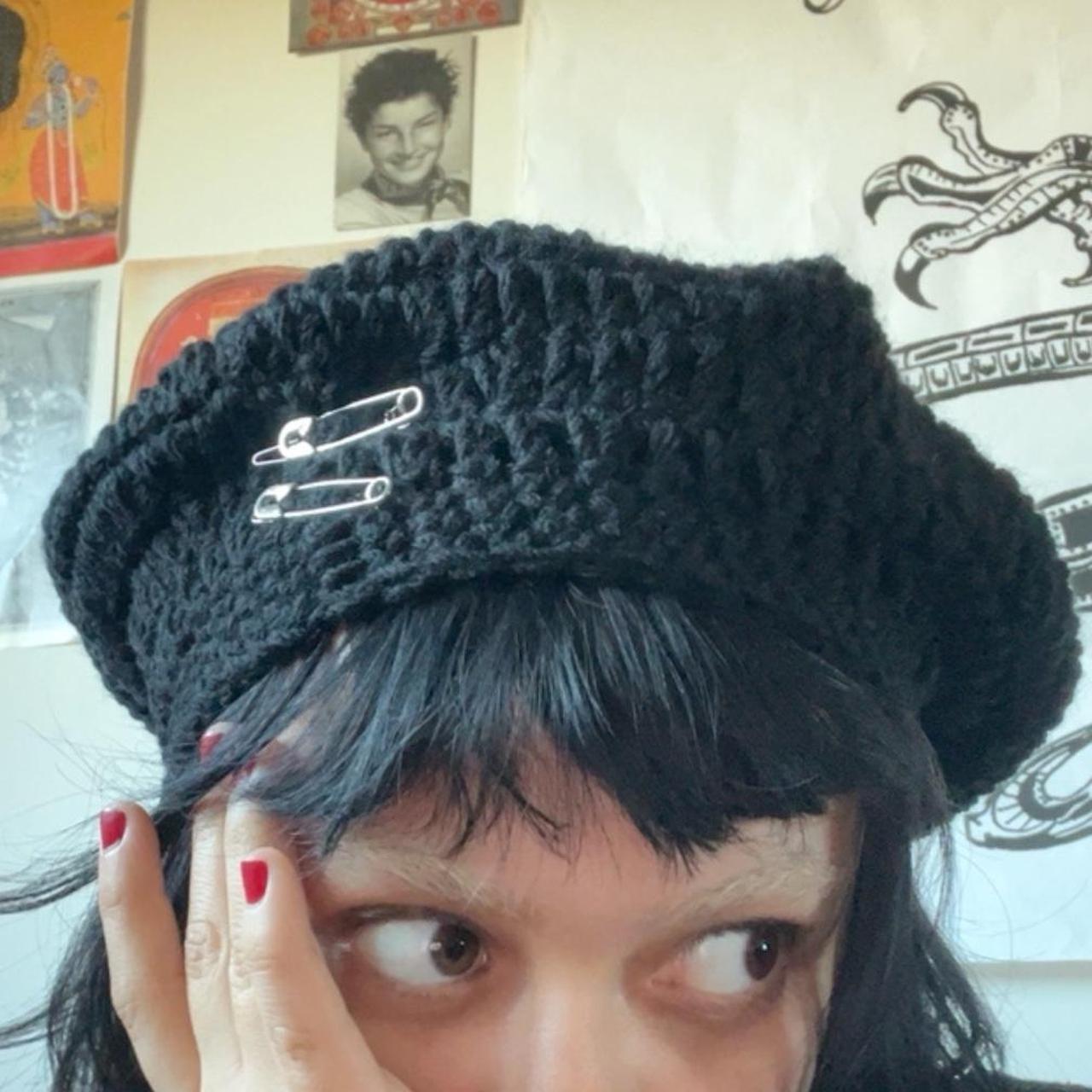 black crochet safety pin beret 🪽 complete w a little... | Depop