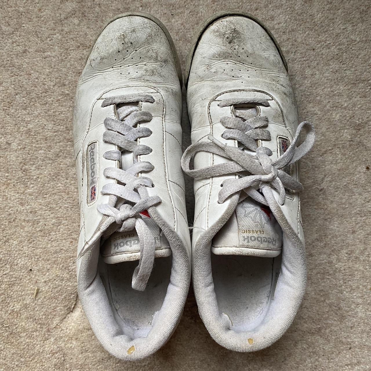 Well worn white reebok trainers size 6.5 Very well... - Depop