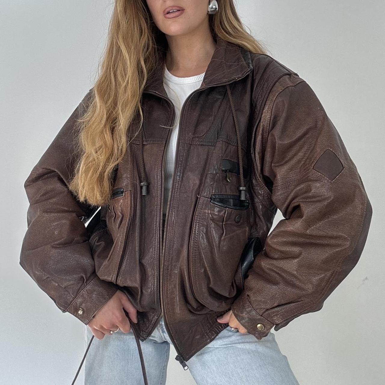 DISTRESSED 90s LEATHER JACKET 💌 Brown vintage... - Depop