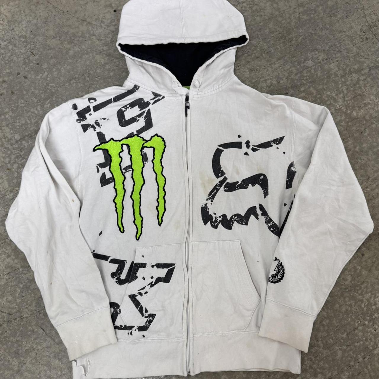 White and green Monster Energy zip-up hoodie fox... | Depop